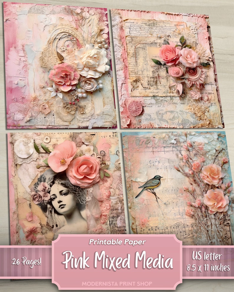 Pink Junk Journal Kit Mixed Media Digital Papers Pink - Etsy