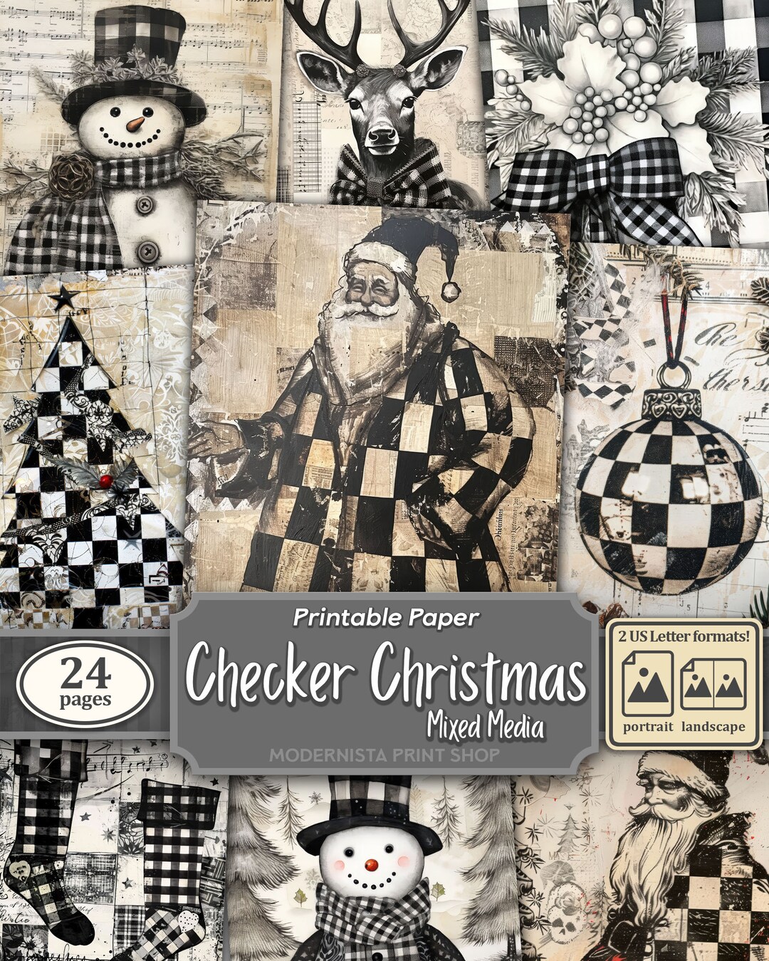 Checker Christmas Junk Journal Kit: Black & White Printable Papers ...