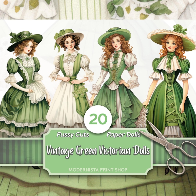 Green Victorian Vintage Paper Dolls Kit Dolls Journaling - Etsy