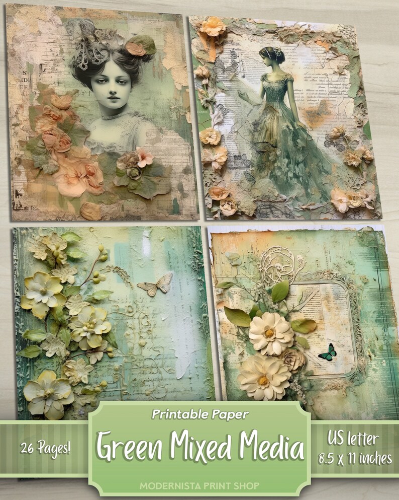 Mixed Media Green Junk Journal Kit Digital Papers Green - Etsy