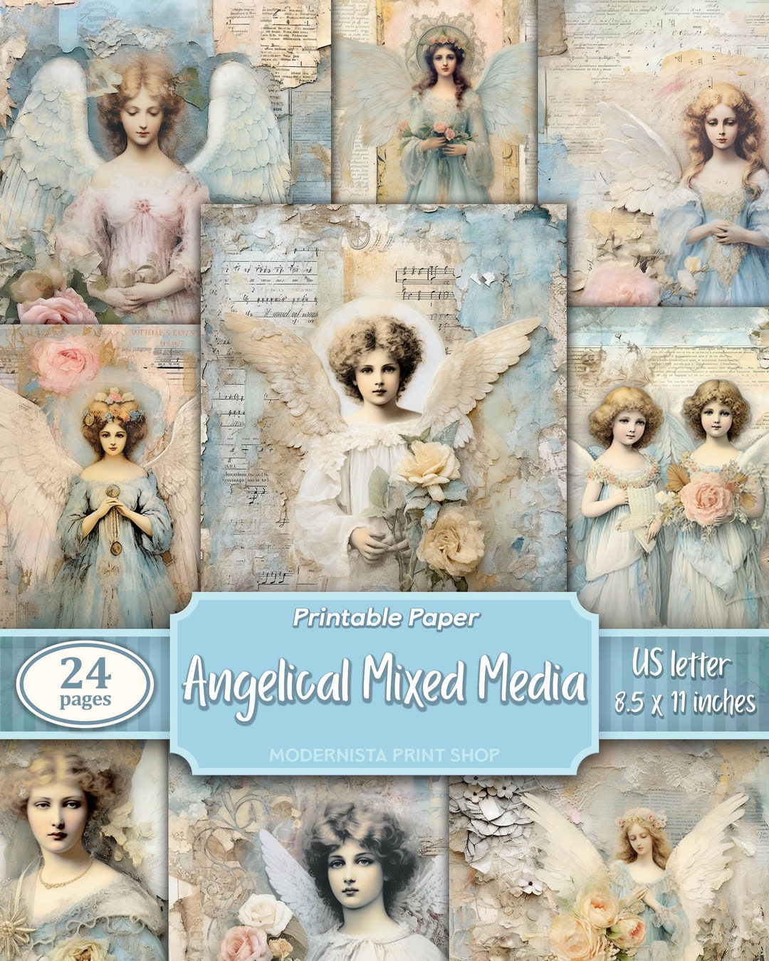 Angelical Junk Journal Mixed Media Art Kit, Digital Papers, Angels ...
