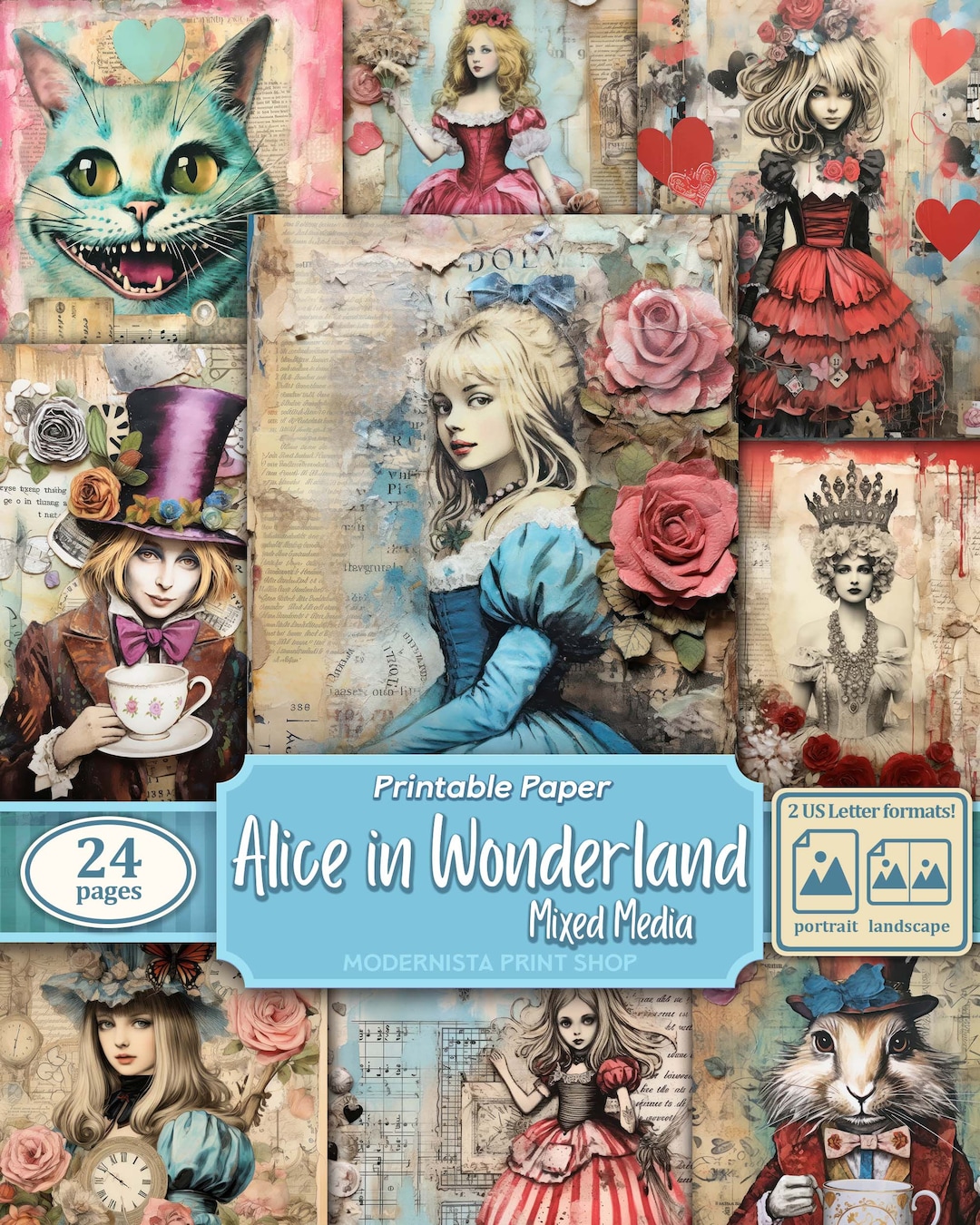 Alice in Wonderland Junk Journal Kit, Printable Mixed Media Pages ...