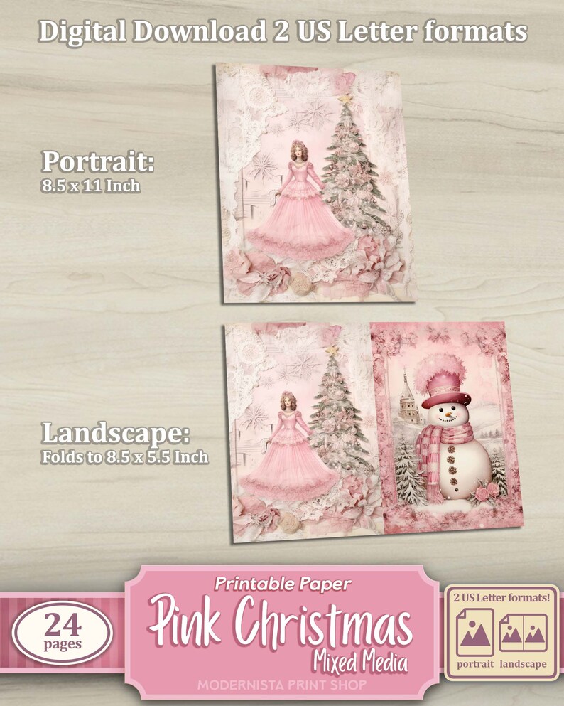 Pink Christmas Junk Journal Kit Mixed Media, Digital Papers, Pink ...