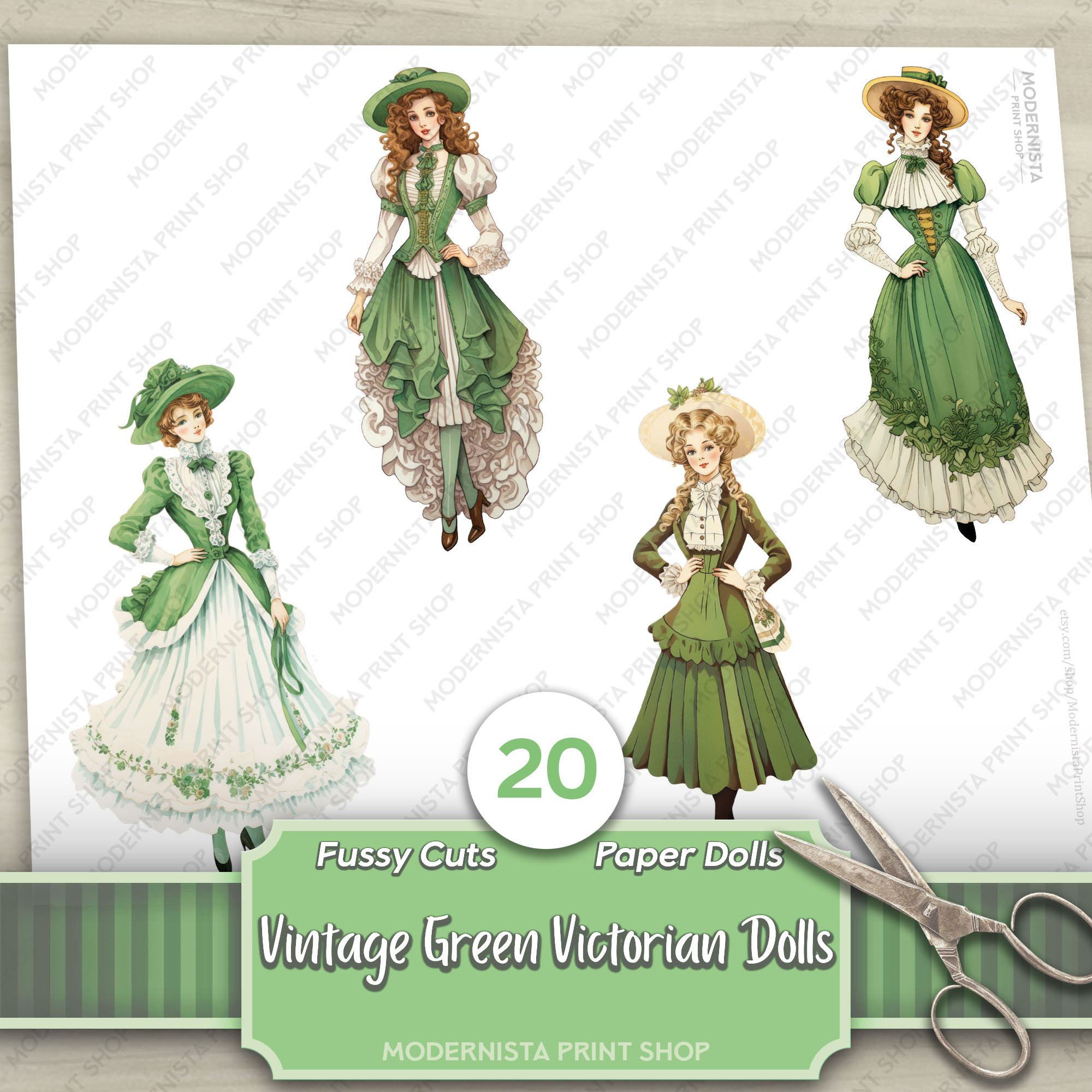 Green Victorian Vintage Paper Dolls Kit | Dolls Journaling | Fussy Cut ...