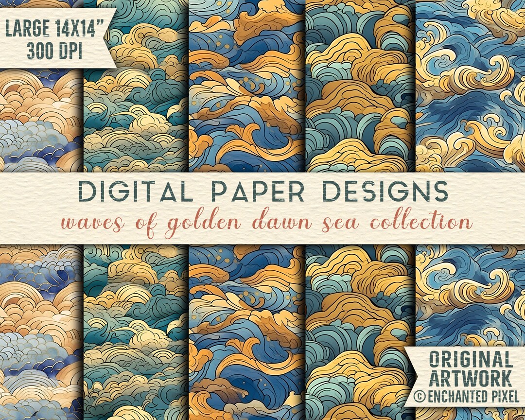 Golden-dawn Waves Watercolor Pattern, Seamless Digital Paper for DIY ...