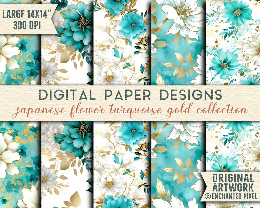 Gold Turquoise Watercolor Flower Pattern, Seamless Japanese Art Digital ...