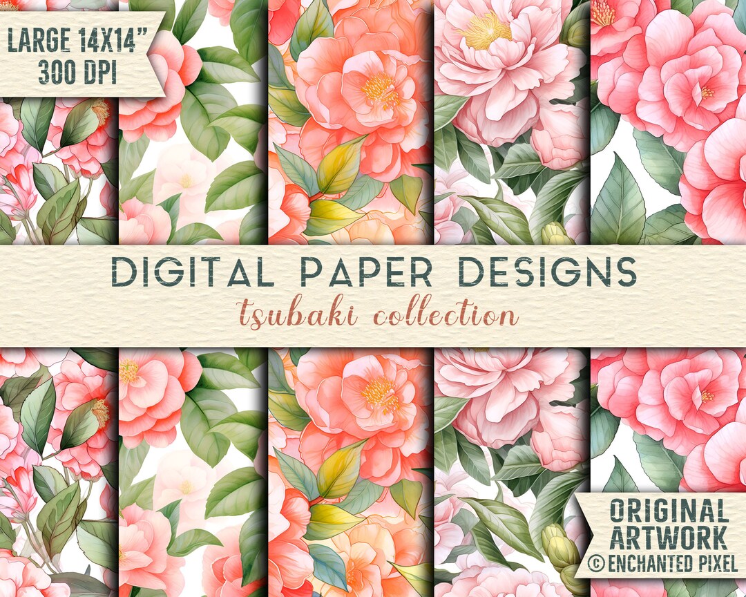 Watercolor Tsubaki Pattern Digital Paper Seamless Camellia Flower ...