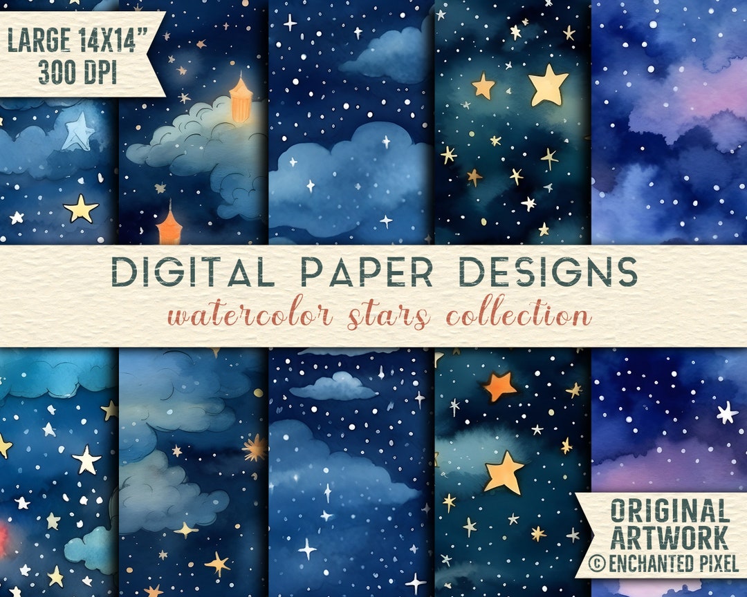 Watercolor Stars Digital Paper, Seamless Nightshade Star Pattern, DIY ...
