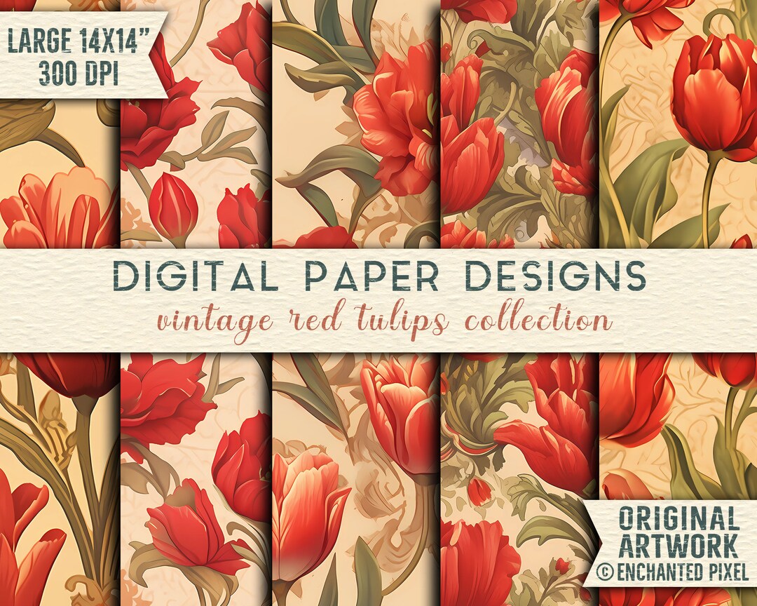 Antique Reds - Vintage Florals in Red Tulip Patterns, Seamless Art for ...