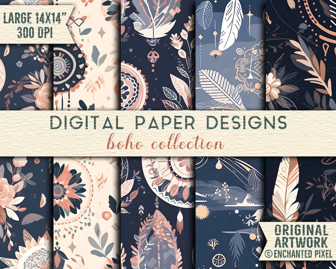 Abstract Elegance: Bohemian Feather & Plant Patterned Digital Paper for ...