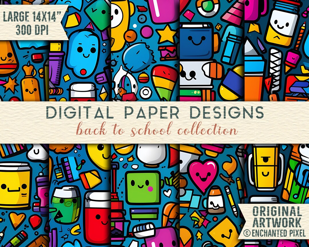 Bold Outlines School Supplies Digital Paper Pack - Vibrant Colors ...