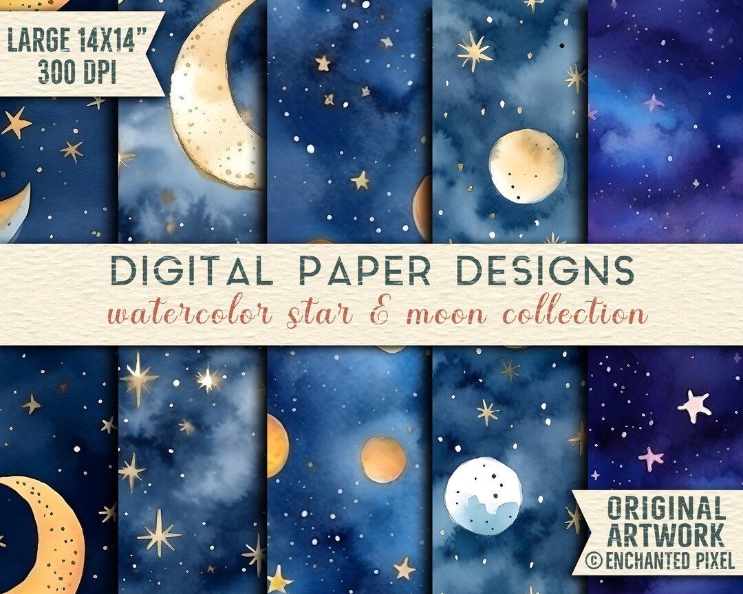 Watercolor Star and Moon Digital Paper - Seamless Nightshade Pattern ...