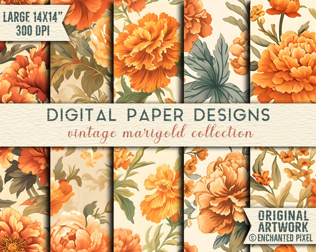 5 Vintage Marigolds - Elegant Marigold Art Seamless Patterns for Fabric ...