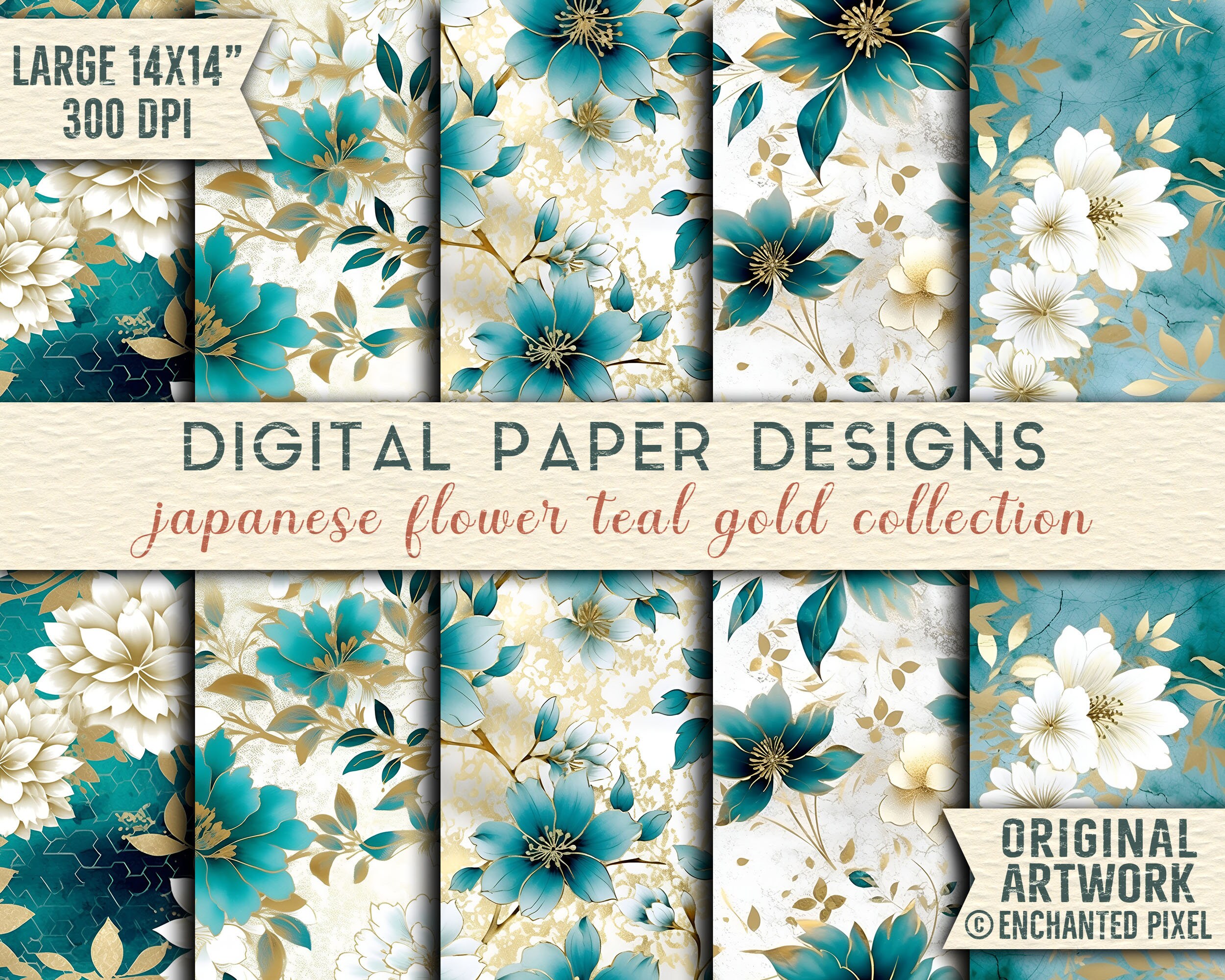 Gold-white Teal Watercolor Flower Pattern, Seamless Japanese Art ...