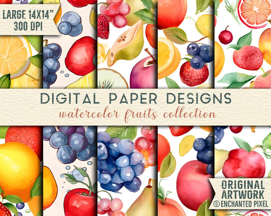 Juicy Gems: Fruits Pattern Digital Paper, Watercolor Seamless ...