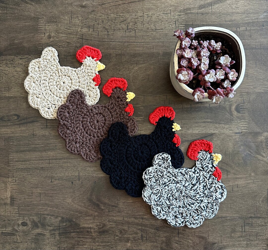 Set of 4 Chicken Coasters, Crochet Coasters, Handmade Cotton Coasters ...