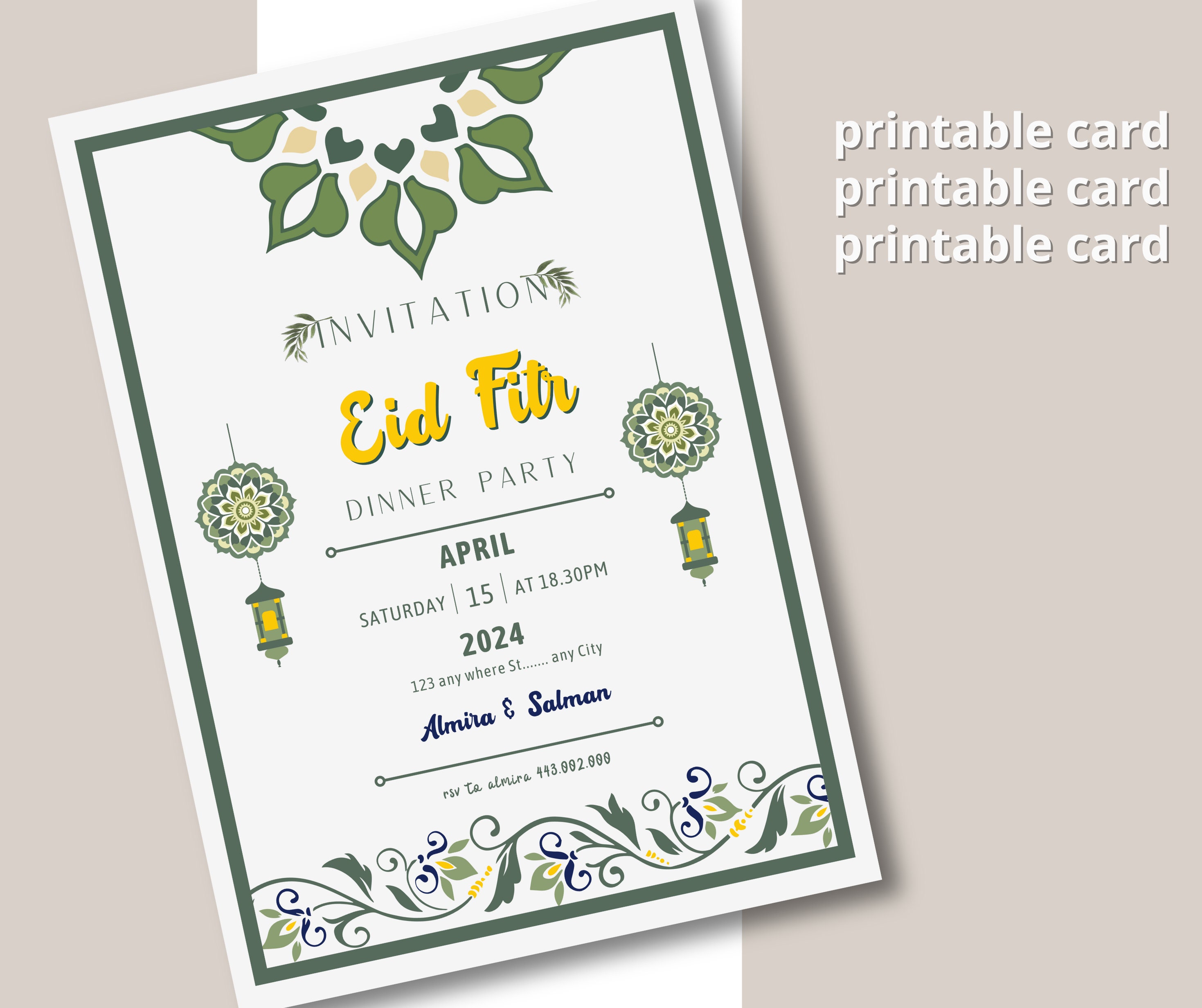 Eid Fitr Dinner Party Invitation Card, Personalized Eid Mubarak Gift ...
