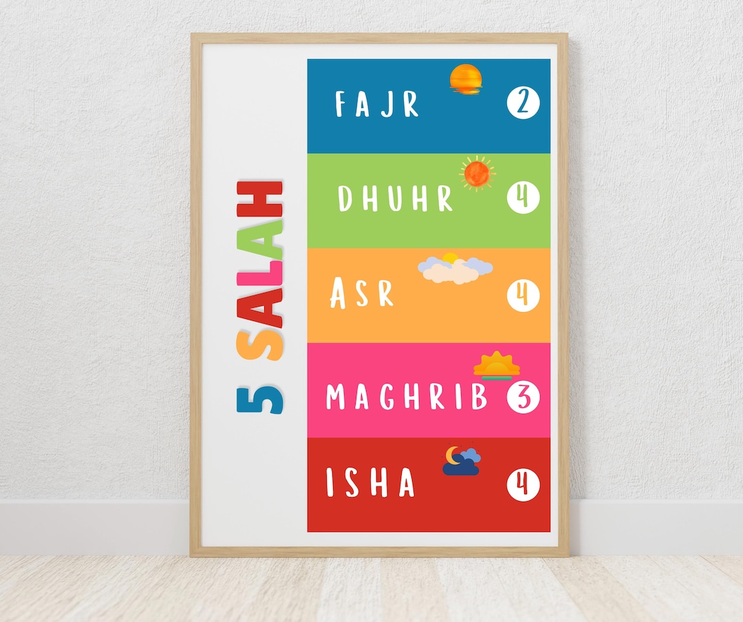 5 Daily Prayers Print, 5 Salah Poster, Muslim Kids Wall Art, Islamic ...