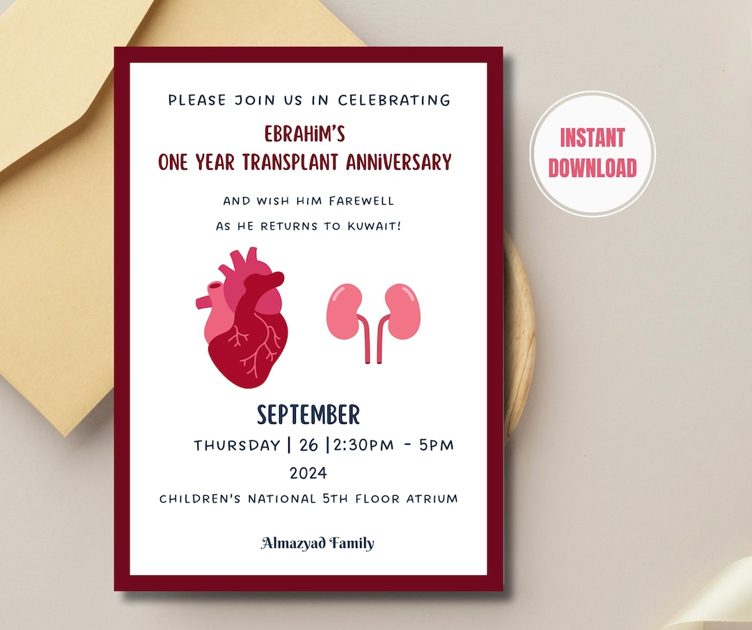 Personalized Heart & Kidney Transplant Anniversary Invitation (digital ...