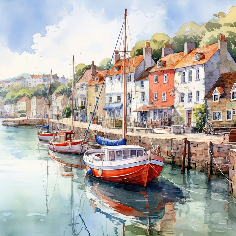 Harbour Scene Watercolor Print: Coastal Town Art (digital Download) - Etsy