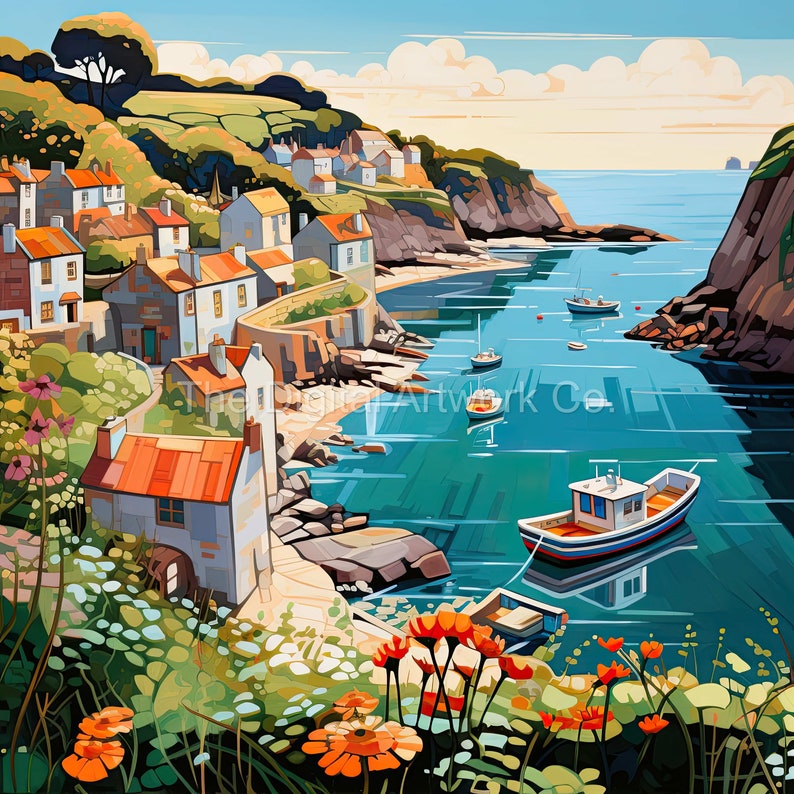Harbour Scene Watercolor Print: Coastal Village Art (digital Download ...
