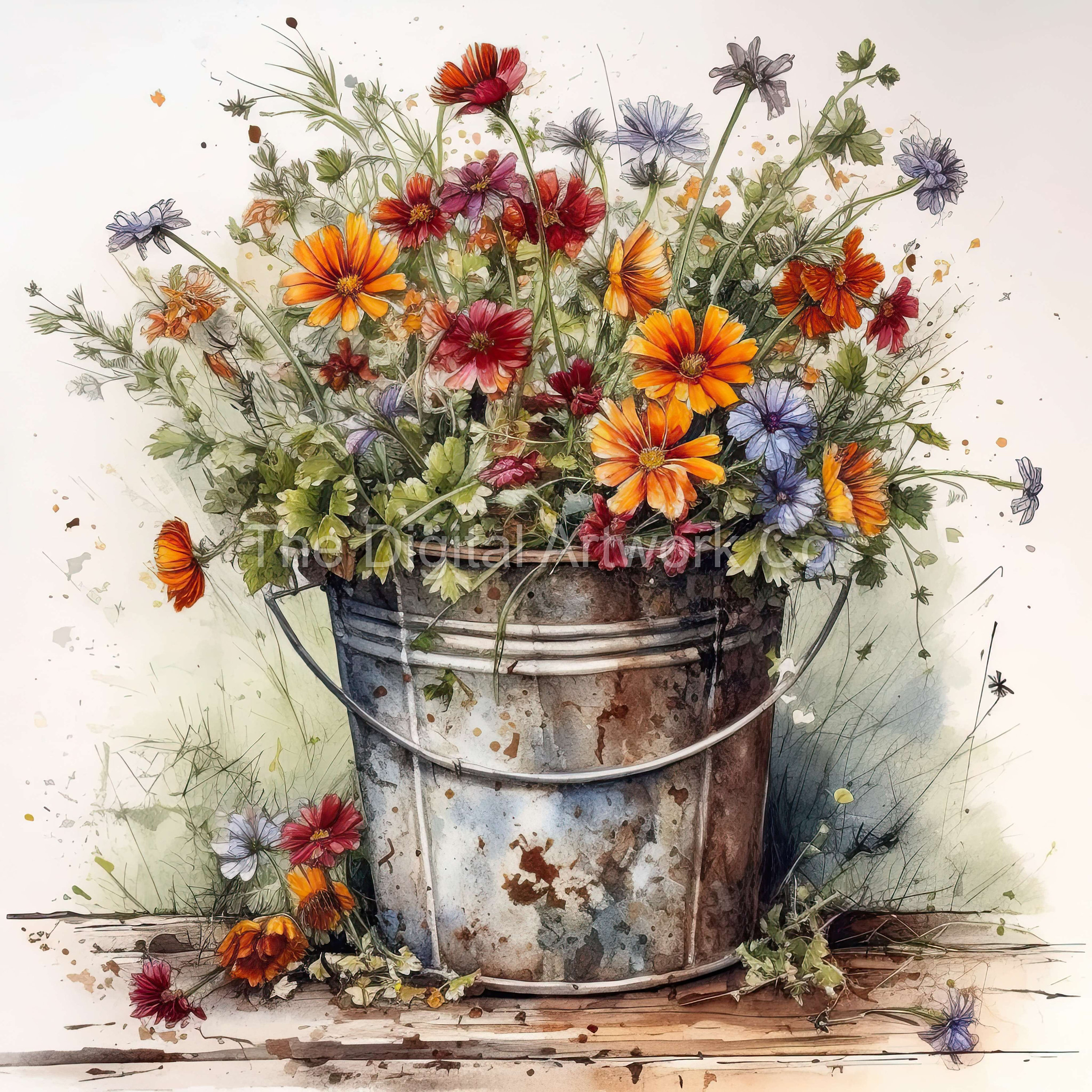 Watercolor Flower Bucket Clipart – Printable Floral Art (digital ...