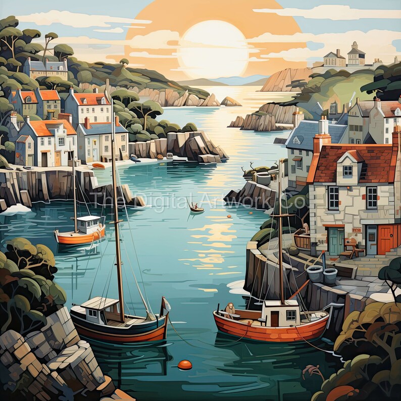Harbour Scene Watercolor Print: Coastal Village Art (digital Download ...