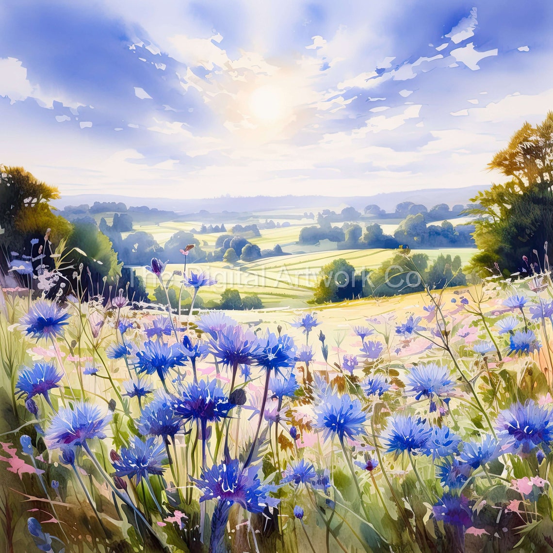 Cornflower Meadow Watercolor Backgrounds: Floral JPG Set (digital ...