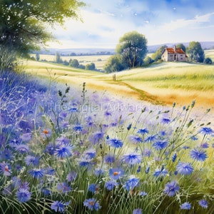Cornflower Meadow Watercolor Backgrounds: Floral JPG Set (digital ...