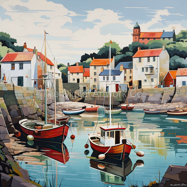 Harbour Scene Watercolor Print: Coastal Village Art (digital Download ...