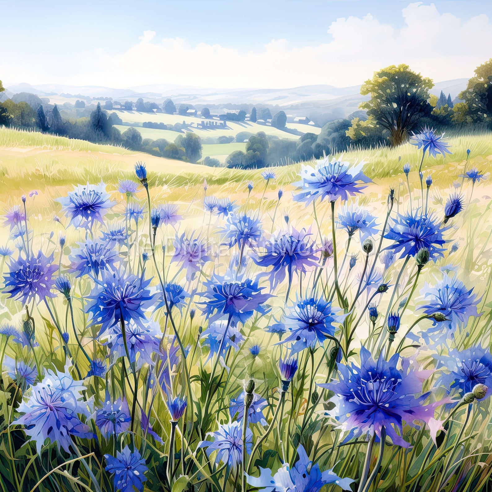 Cornflower Meadow Watercolor Backgrounds: Floral JPG Set (digital ...