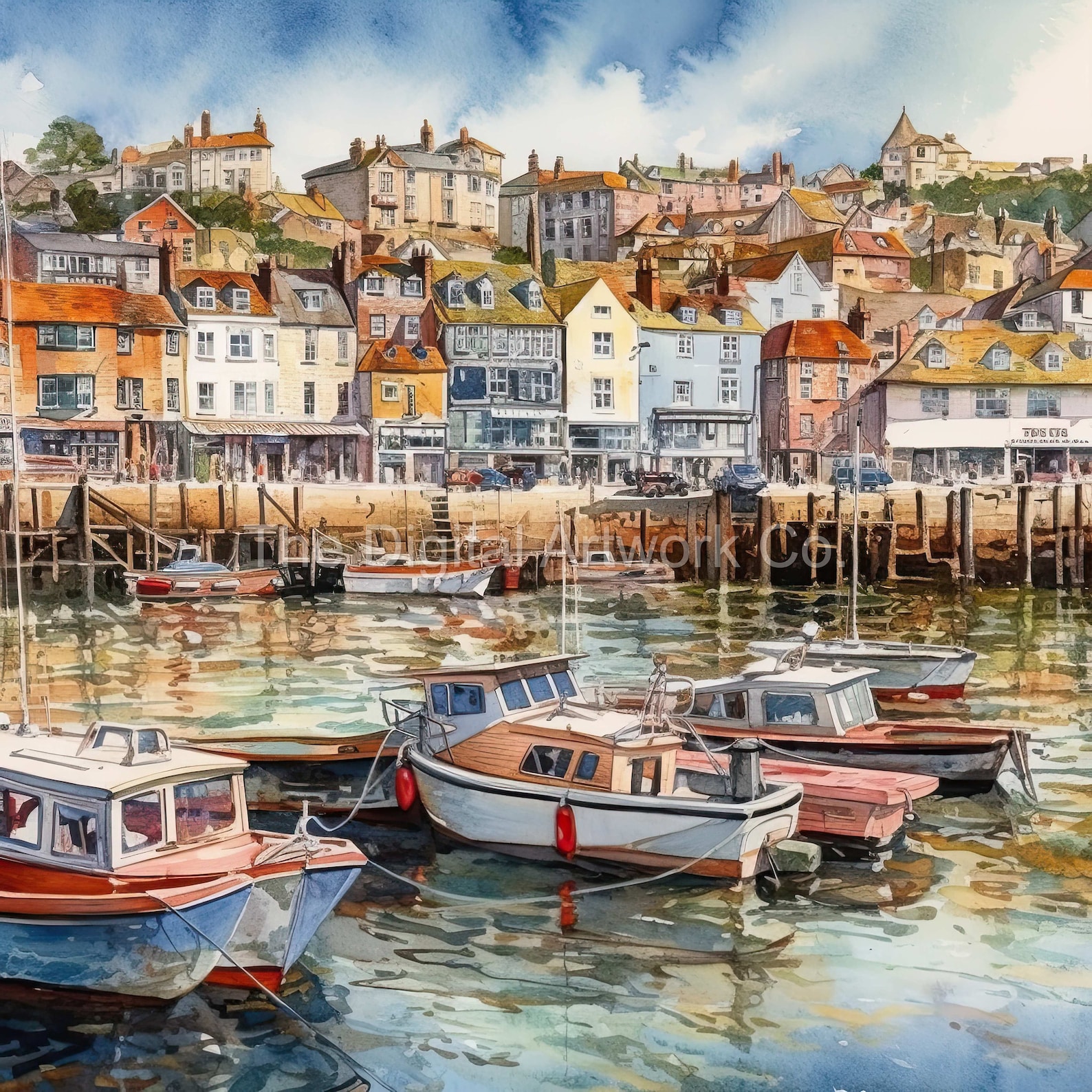 Harbour Scene Watercolor Art Prints: Coastal Town Jpgs (digital ...