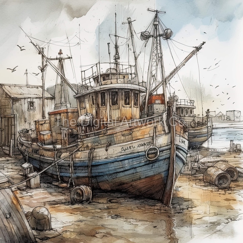 Watercolor Fishing Trawler Clip Art – 12 JPG Designs (digital Download ...