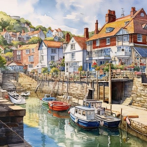 Harbour Scene Watercolor Print: Coastal Town Art (digital Download ...