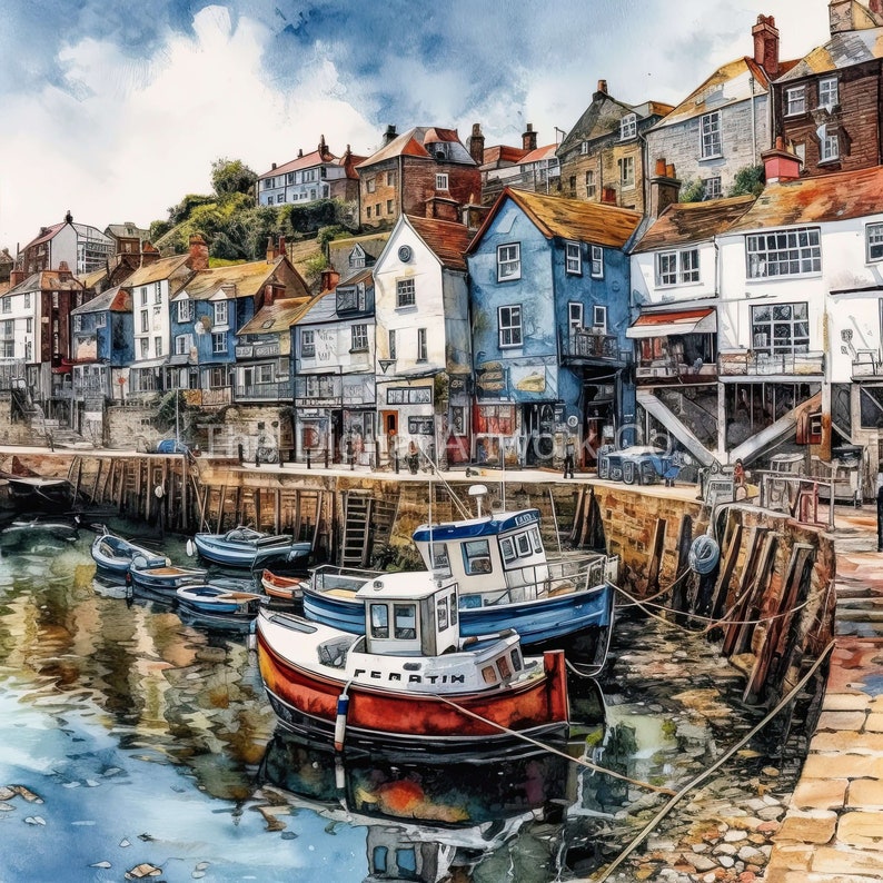 Harbour Scene Watercolor Art Prints: Coastal Town Jpgs (digital ...