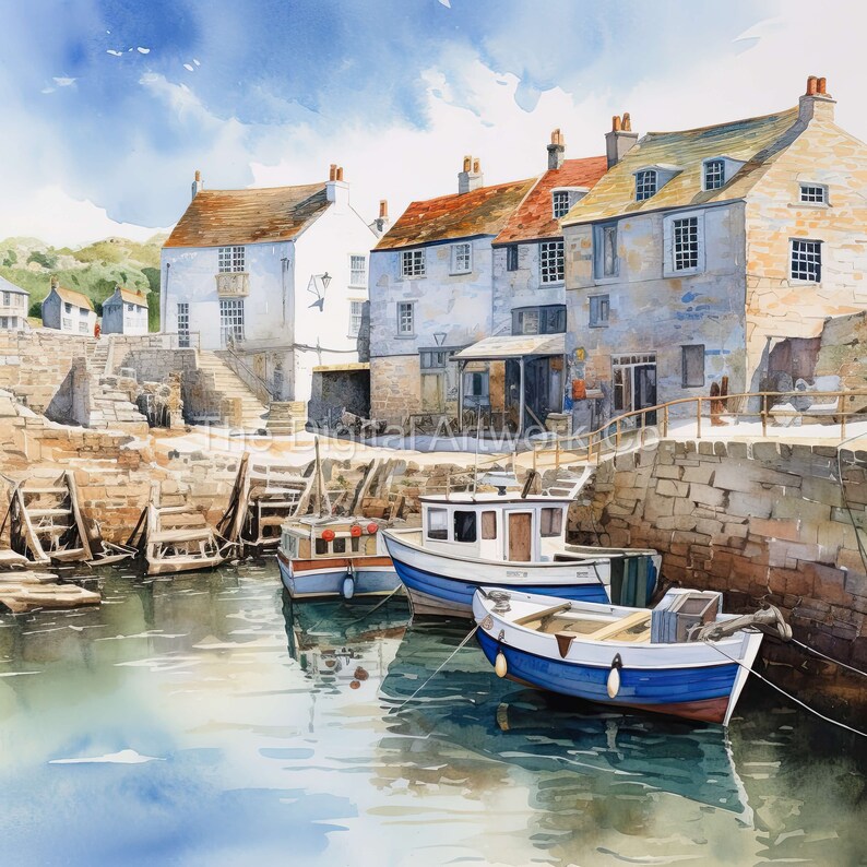 Harbour Scene Watercolor Print: Coastal Town Art (digital Download ...