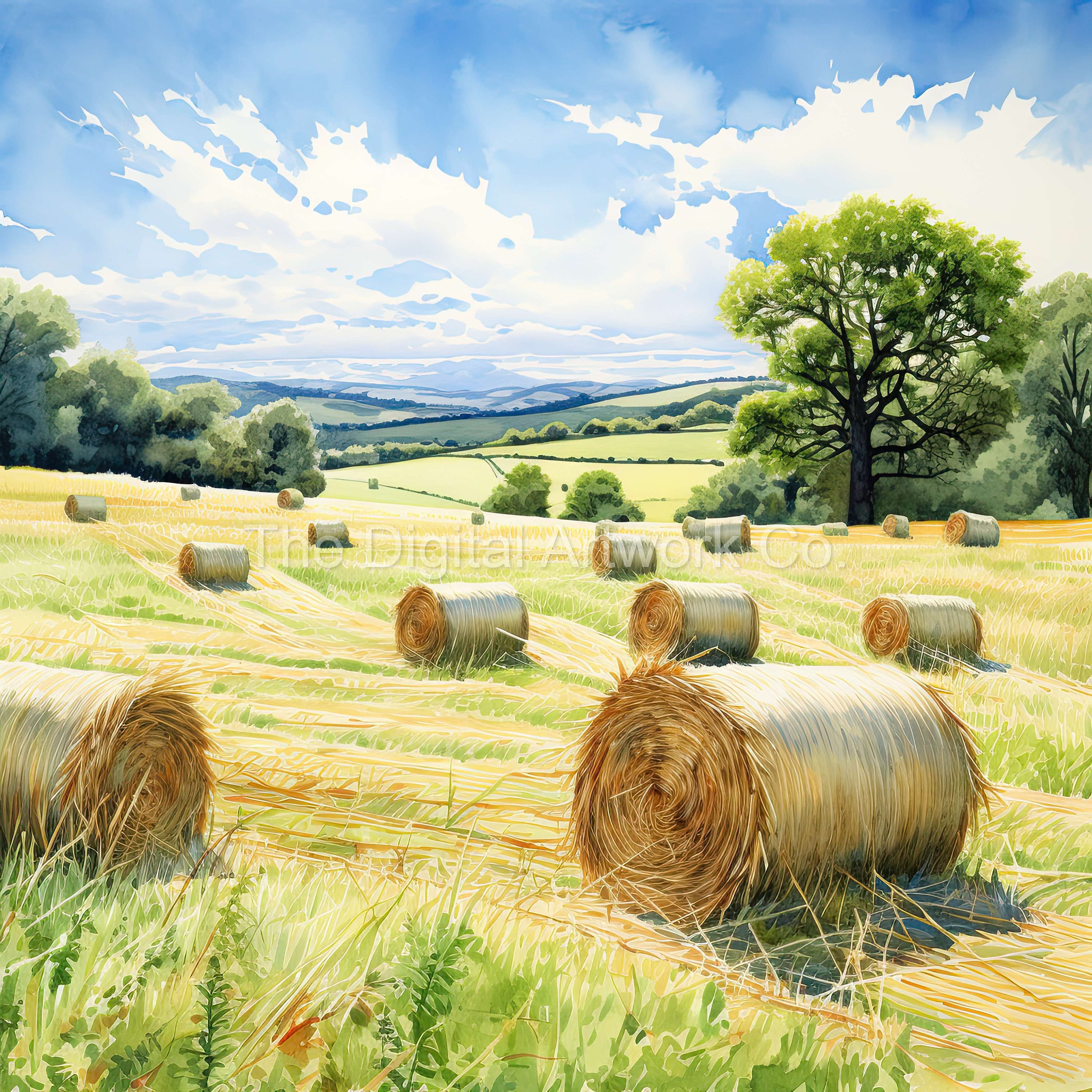 Hay Bales Watercolor Clipart: Summer Field Backgrounds (digital ...
