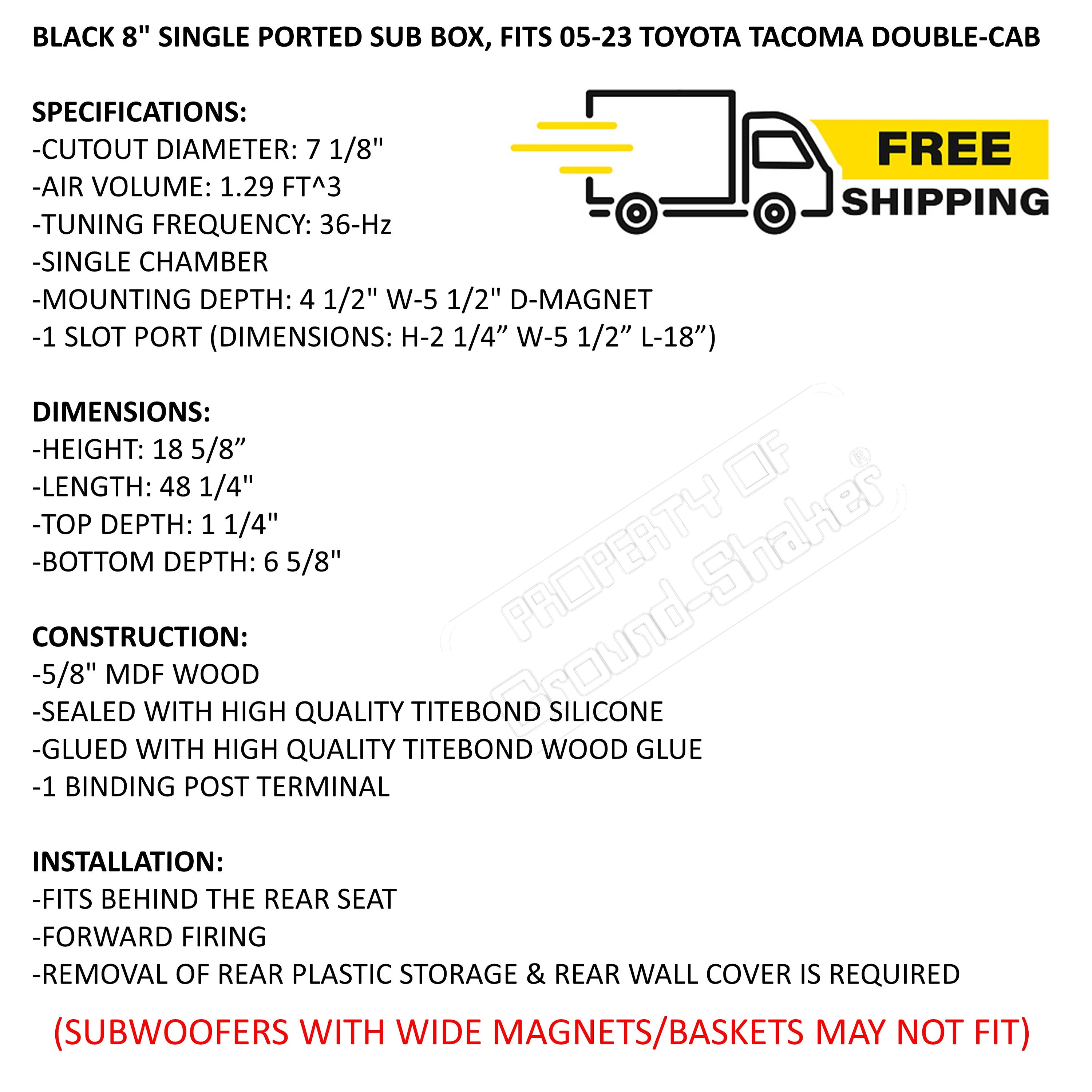 8" Sub Box Toyota Tacoma Double-cab 2005 - 2023 8" Single Ported Sub ...