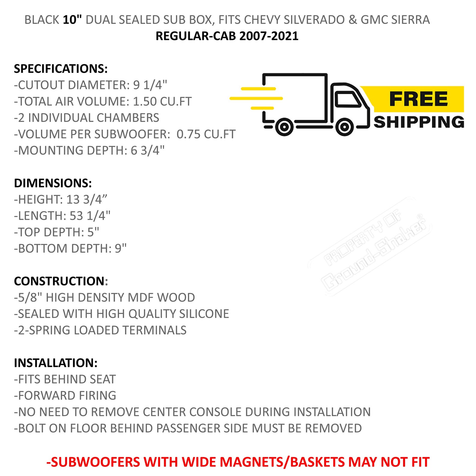 Chevy Silverado 10" Dual Sub Box Regular Cab / Single Cab Ground Shaker ...