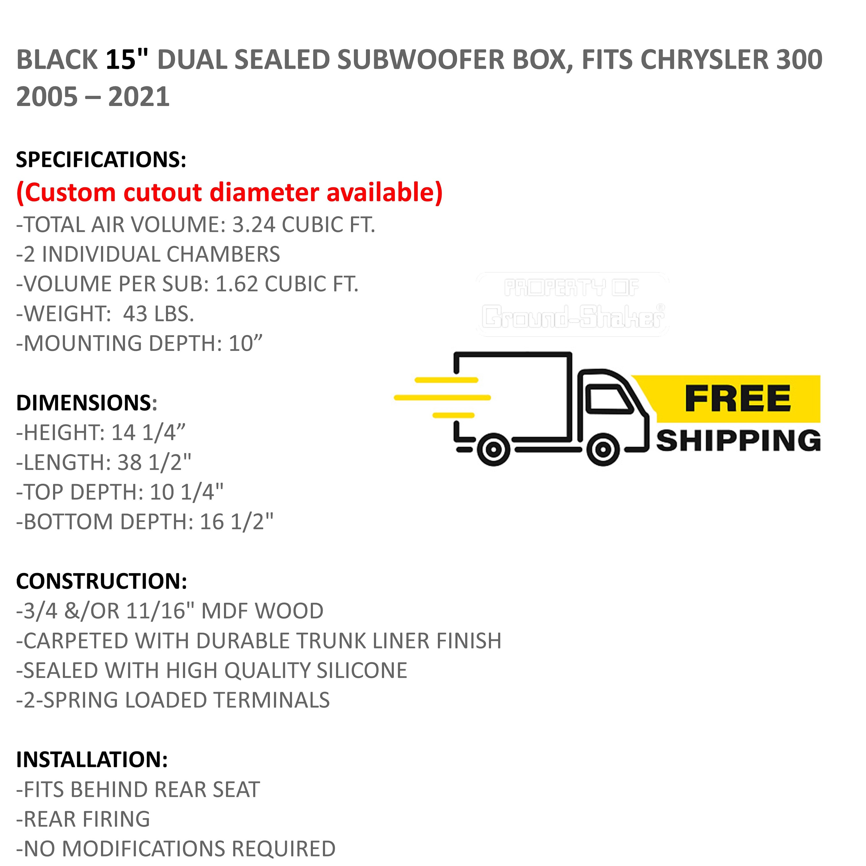 2005-2021 Chrysler 300 15" Dual Sealed Sub Box Subwoofer Enclosure ...