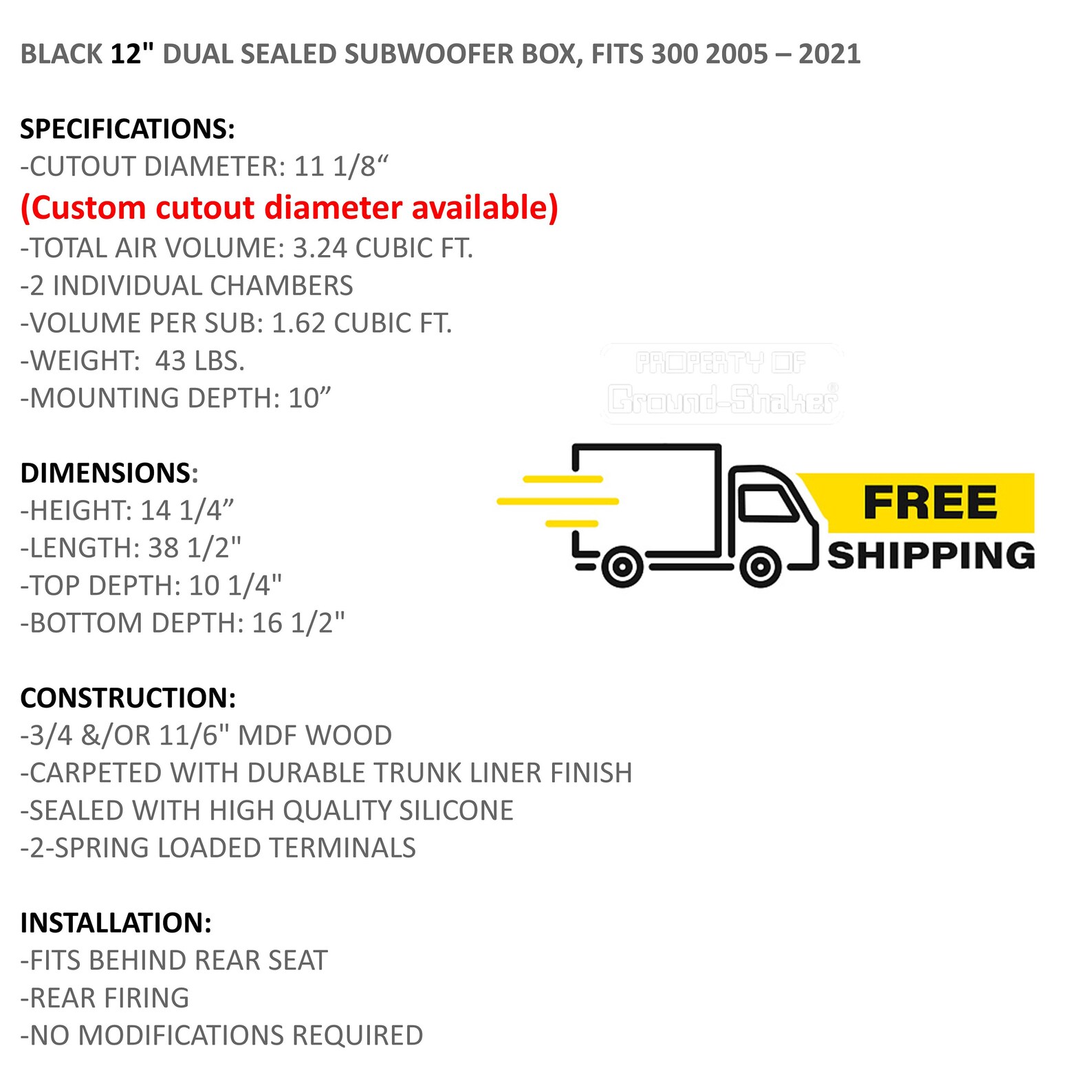 2005-2021 Chrysler 300 12" Dual Sealed Sub Box Subwoofer Enclosure ...