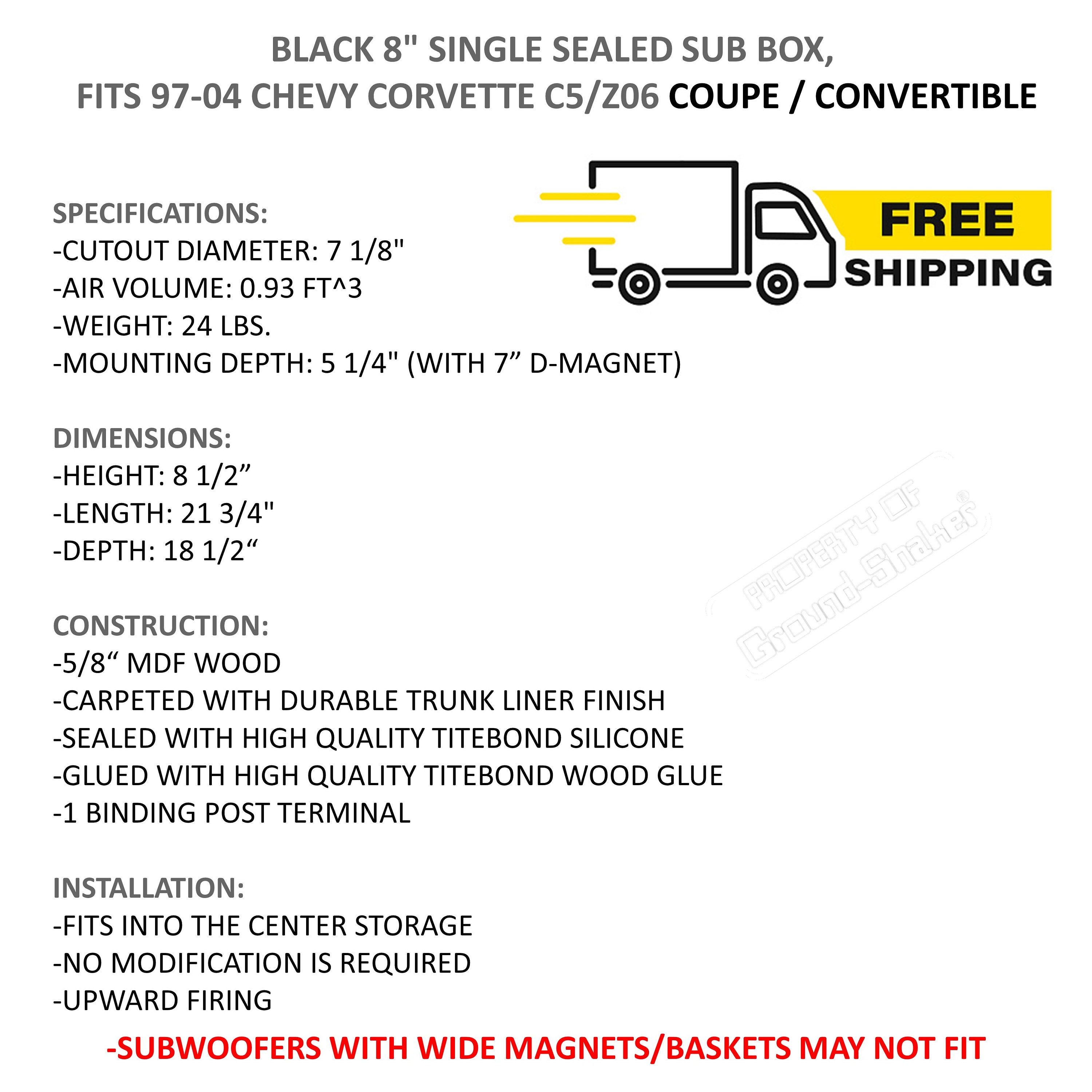 Chevy Corvette C5 / Z06 8" Sub Box Car Audio Speaker Box Subwoofer ...