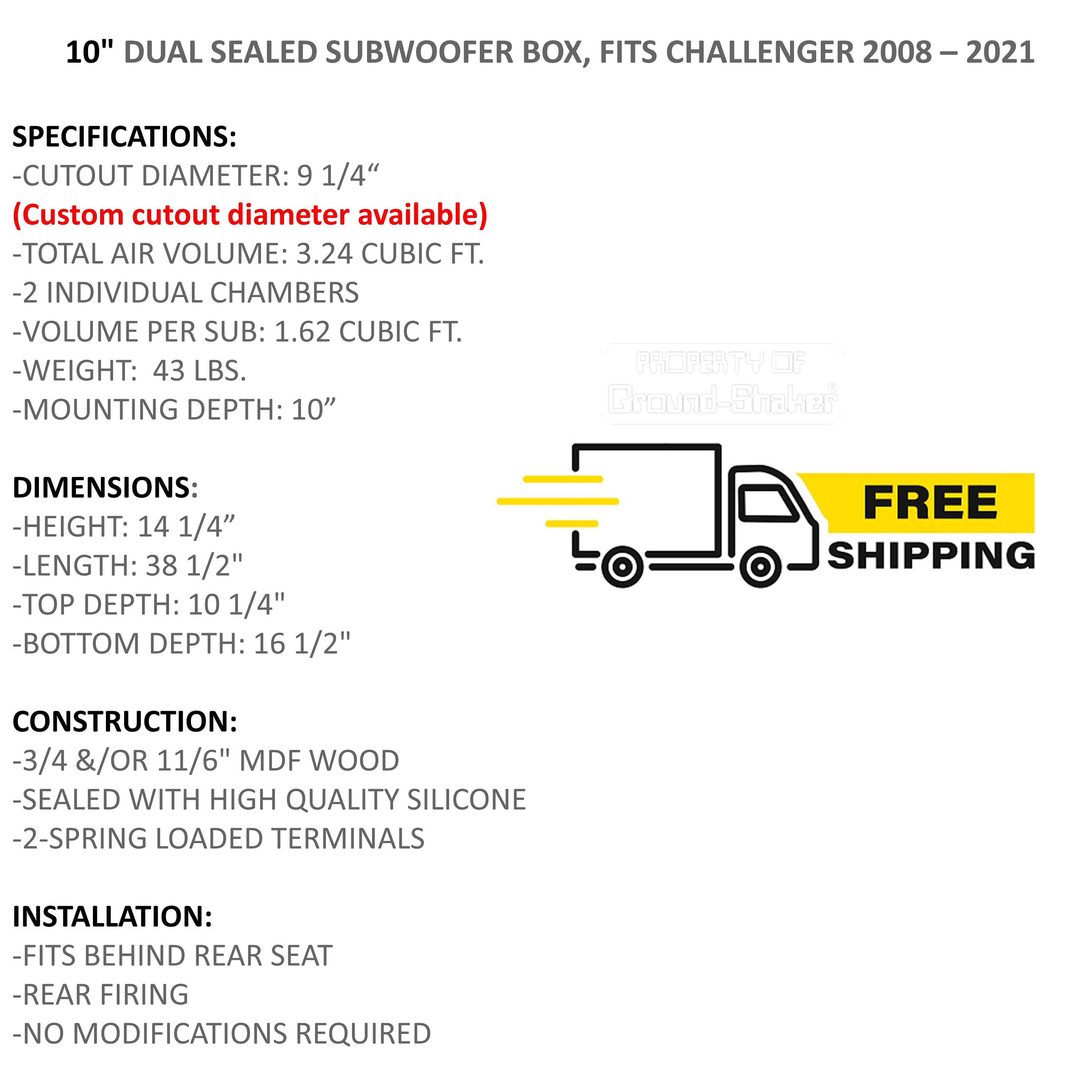 2008-2021 Dodge Challenger 10" Dual Sealed Sub Box Subwoofer Enclosure ...
