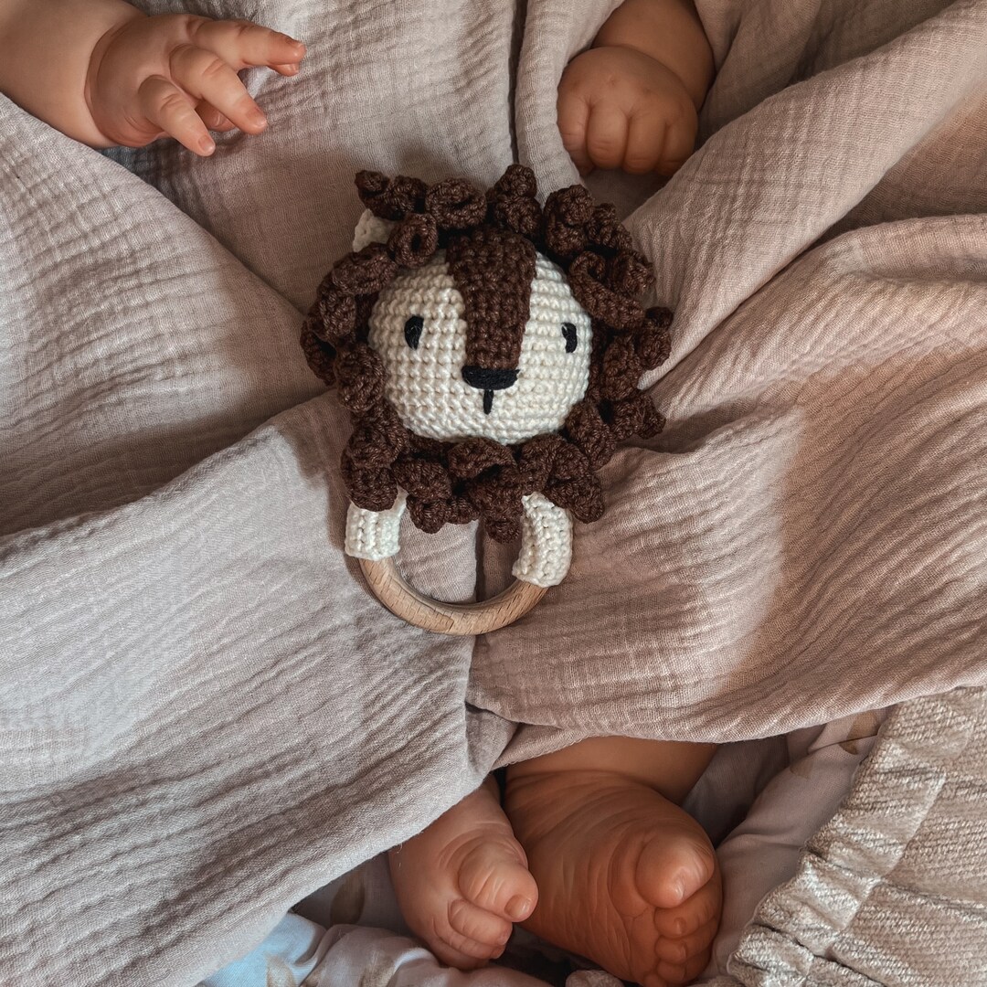 Lion Crochet Rattle for Baby, Wooden Crochet Toy, Newborn Baby Rattles ...