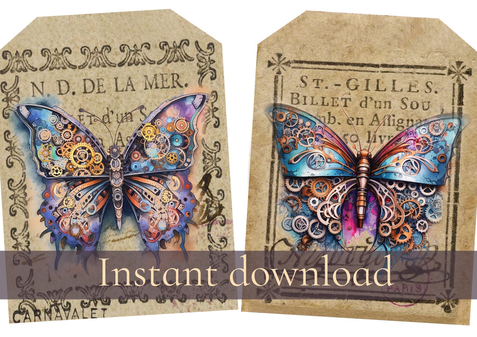 Printable Vintage Steampunk Butterfly Tags Shabby Digital - Etsy