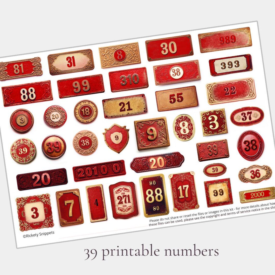 Printable Numbers, Red Ephemera, Junk Journal Labels, Vintage Numbers ...