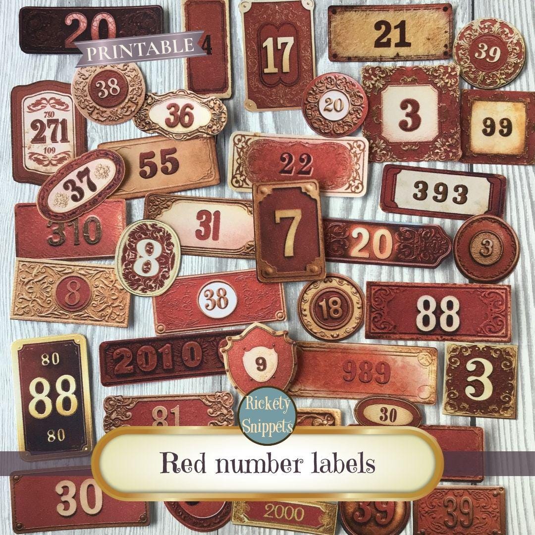 Printable Numbers, Red Ephemera, Junk Journal Labels, Vintage Numbers ...