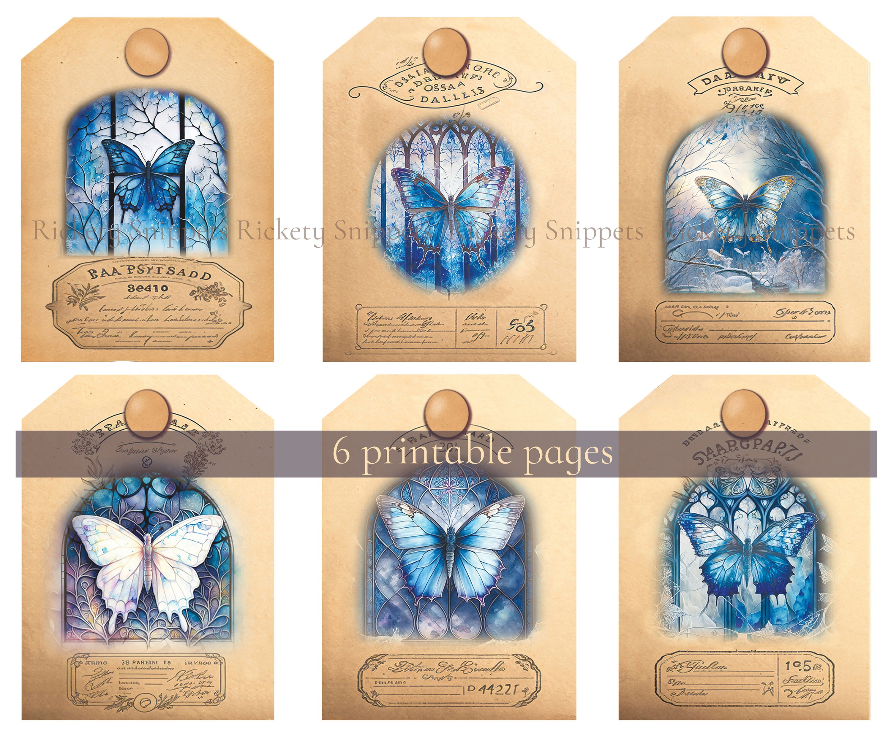 6 Digital Printable Blue Butterfly Tags. Fantasy Ephemera for Junk ...