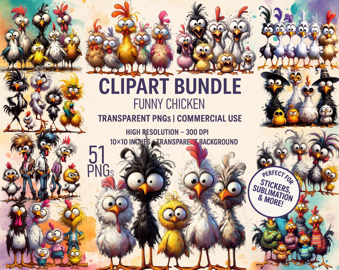 Funny Chicken Clipart Bundle: 51 Quirky Farm Bird Pngs - Etsy