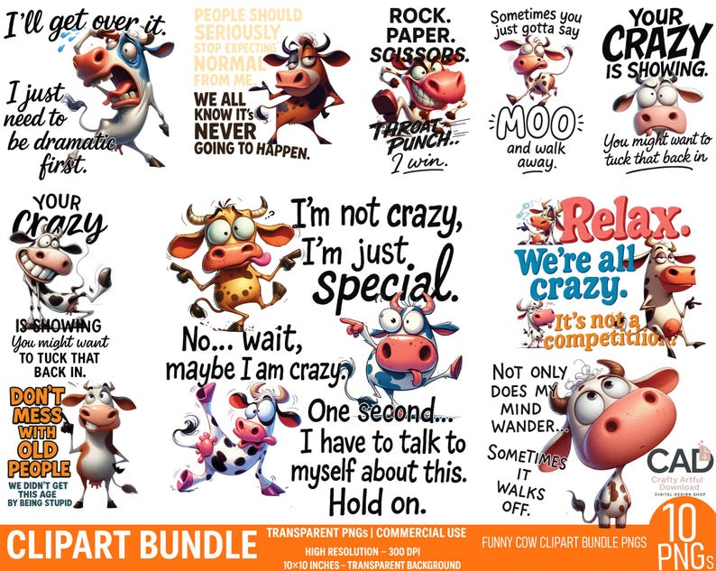 Funny Cow Clipart Bundle: Sarcastic PNG Graphics (digital Download) - Etsy